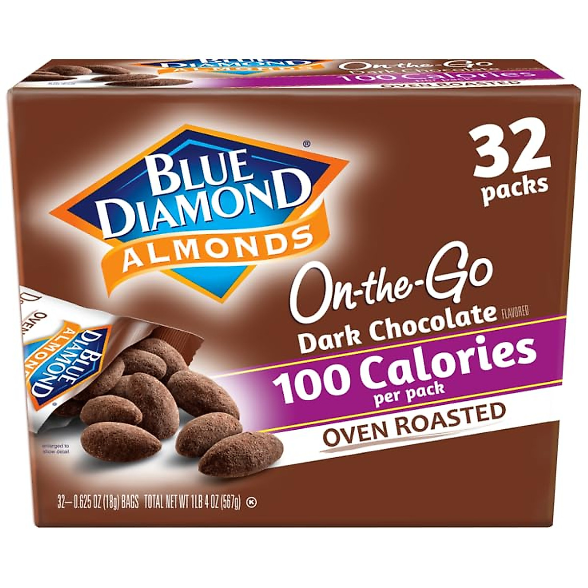 Blue Diamond Almonds Dark Chocolate Cocoa Dusted Snack Nuts, 100 Calorie Packs, 32 Count
