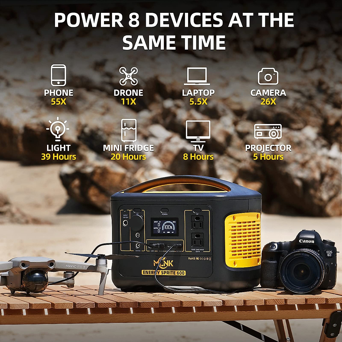 MOLNK Portable Power Station 600W, ENERGY SPRITE 600, 540Wh Mobile Lithium Battery Pack with 2 x 600W AC Outlets & 3 x DC Outputs & 1 x USB-C PD 65W &1 x USB FAST Charge & LED Flashlight, Solar Generator for outdoor camping, RV, Emergency