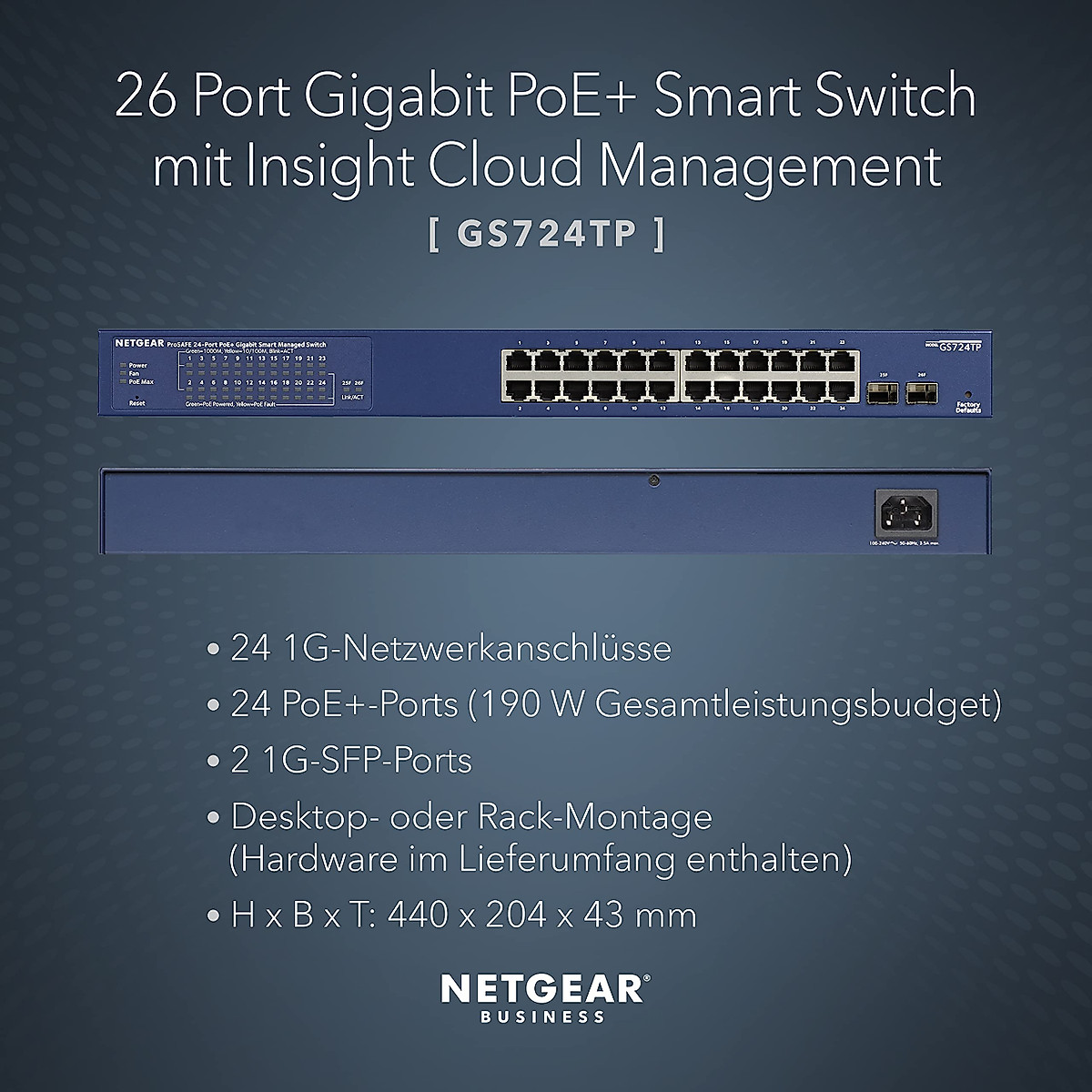NETGEAR 24-Port Gigabit Ethernet Smart Managed Pro PoE Network Switch (GS724TP) - Hub with 24 x PoE+ @ 190W, 2 x 1G SFP, Desktop/Rackmount, and ProSAFE Protection, Black, Grey