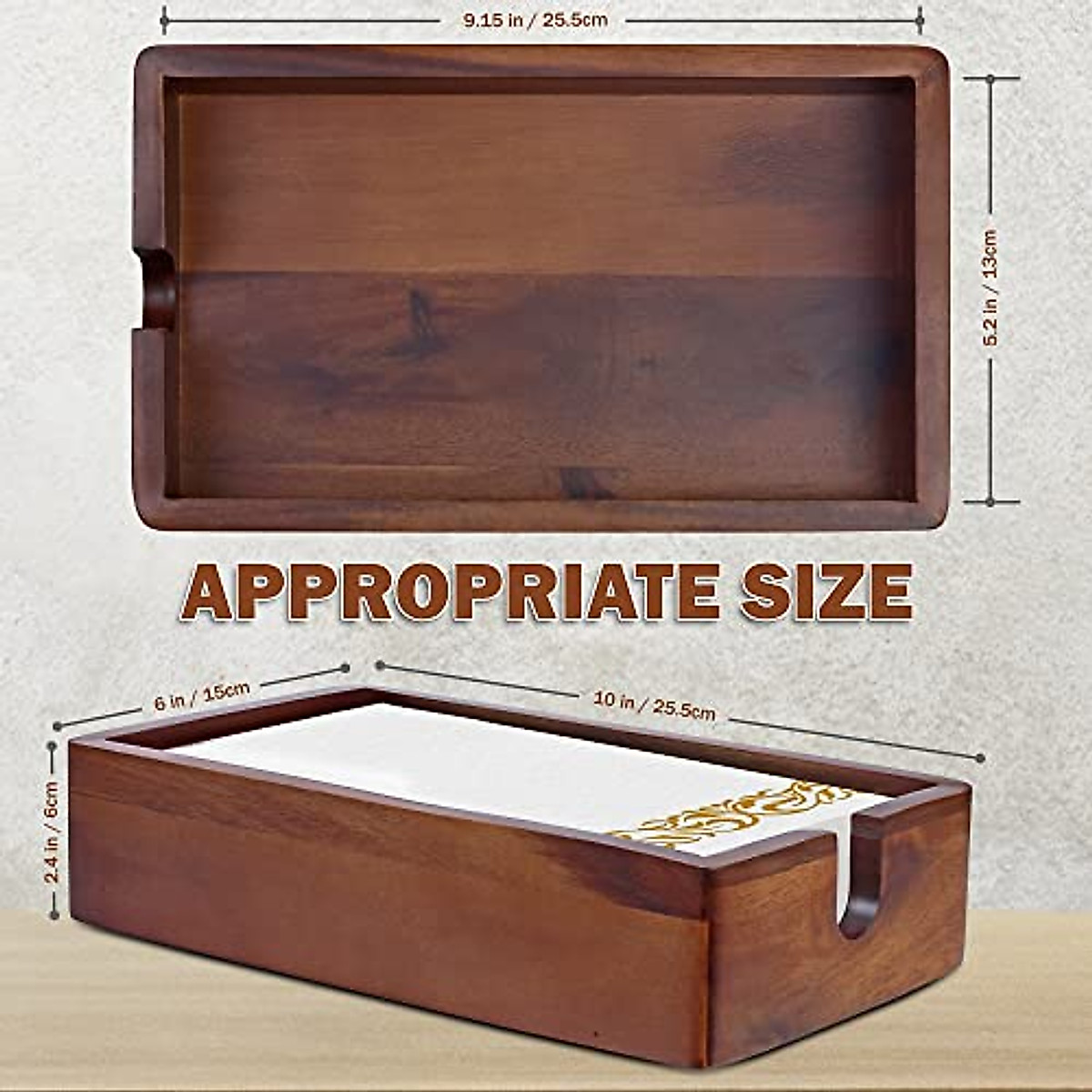 Acacia Guest Towel Napkin Holder 10x6", Paper Hand Towels Tray Holds Paper & Cloth Linen Napkin on Table, Kitchen Counter, Bathroom - Durable, Natural, Dark Stained Organizer for Party, Wedding, Event