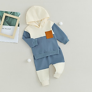 VISGOGO Baby Boy Clothes 3 6 Months,Toddler Hooded Outfits 12 18M Sweater Sweatpants Fall Winter Infant Clothing (Beige Blue, 0-6 Months)
