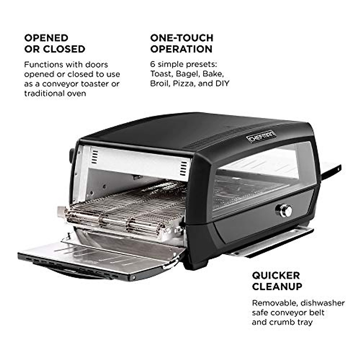 Chefman Food Mover Conveyor Toaster Oven, Moving Belt for Toasting Bread & Bagels, Stainless Steel w/Adjustable Temperature, Extra Large, 6 Cooking Functions: Toast, Bagel, Bake, Broil, Pizza & DIY