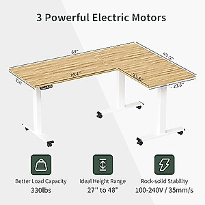 FEZIBO Triple Motor L-Shaped Electric Standing Desk, 63 Inches Height Adjustable Stand up Corner Desk, Sit Stand Workstation with Splice Board, White Frame/Natural Top