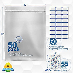 50 x FirstDRY 1 Gallon Mylar Bags - Extra Thick 10 Mil (5 Mil each side), 55 x 400cc Oxygen Absorbers , 50 x Labels - Airtight Vacuum Heat Sealable or Zipper Resealable, Food Safe, Reliable Long Term Food Storage Solution - Aluminum