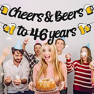 46th Birthday Decorations Cheers & Beers to 46 Years Banner for Men Women 46s Birthday Backdrop Wedding Anniversary Party Supplies Black Glitter Decorations Pre Strung