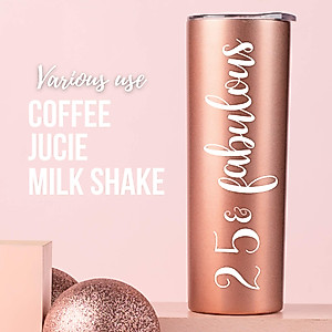 Onebttl 25 & Fabulous 20 Oz Insulated Stainless Steel Wine Tumbler, 25th Birthday Gifts Party Supplies Decorations for Women Funny Tumbler Gifts Idea for Friends Her Wife Mom Coworkers, Rose Gold