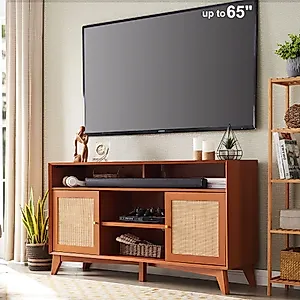 OKD TV Stand for 65+ Inch TV, 32'' Tall Highboy Entertainment Center, Mid Century Modern Media TV Console with Natural Rattan Door, Adjustable Shelves, Boho Television Stand, Cherry