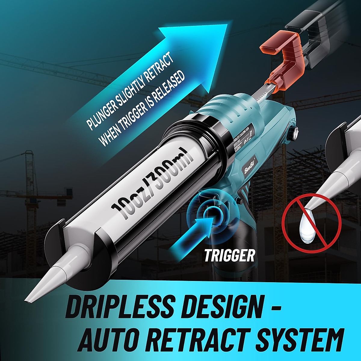 Seesii Cordless Caulking Gun [2024 Upgraded], 12V Battery Caulk Gun w/2 x 2.0AH Battery & Charger,Electric Caulking Gun w/LED Light,6 Adjustable Speeds Adhesive Gun Kit for Filling,Sealing