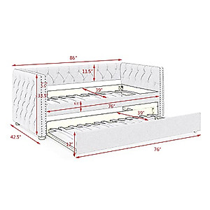 Daybed with Trundle, Upgraded Linen Upholstered Twin Size Day Bed Button-Tufted Sofa Daybed Frame with A Trundle, No Box Spring Needed, Furniture for Bedroom Living Room Guest Room (Beige, Twin)