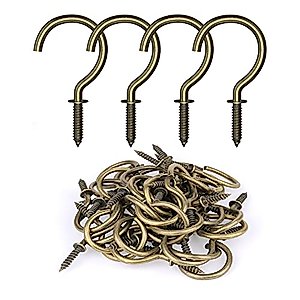 RELBRO 50 Pcs Screw Hooks, 1-1/4 Inch Bronze Cup Hooks Screw in Mug Hooks Metal Heavy Duty Screw Wood Wall Ceiling Hooks Plant Hooks Indoor Outdoor for Utensils Baskets Lights Wreaths