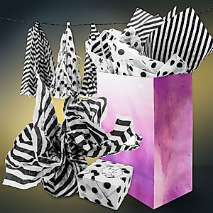 120 Sheets Black and White Tissue Paper Bulk,Black and White Tissue Paper for Gift Bags,White Tissue Paper with Black Star Stripes Polka Dots Pattern,14 x 20 Inch