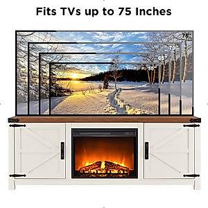 T4TREAM Fireplace TV Stand for 75 Inch TV, Farmhouse Barn Door Media Console, Entertainment Center with 23" Electric Fireplace Remote Control,for Living Room, 66 Inch, Antique White