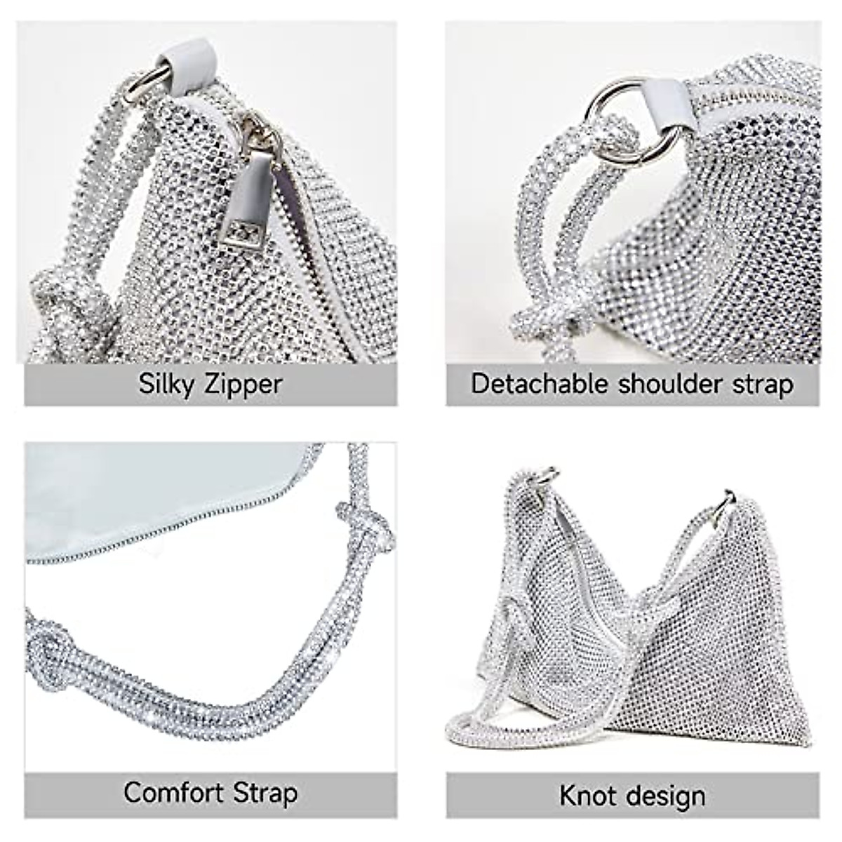 Amazleer Rhinestone Purse Shiny Hobo Bag for Women Rhinestone Handbag Chic Evening Purse Crystal Clutch Bag Silver