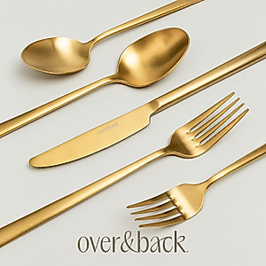 over&back 20pc Modern Flatware Cutlery Set - Comes with 4 Dinner Forks, 4 Salad Forks, 4 Dinner Knives, 4 Dinner Spoons, and 4 Teaspoons - 18/8 Stainless Steel - Dishwasher-Safe - Matte Gold