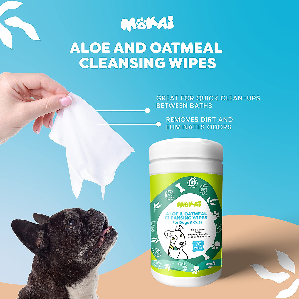 MOKAI Aloe & Oatmeal Grooming Wipes for Dogs and Cats | Pet Cleansing Wipes Used to Remove Dirt Dander Odor and Excess Hair from The Skin and Coat with Soothing Benefits for Sensitive Skin (60 Wipes)