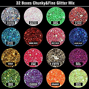 Festival Chunky and Fine Glitter Mix, Teenitor 32 Colors Chunky Sequins & Fine Glitter Powder Mix, Iridescent Glitter Flakes, Cosmetic Face Body Eye Hair Nail Art Resin Tumbler Glitter Loose Glitter