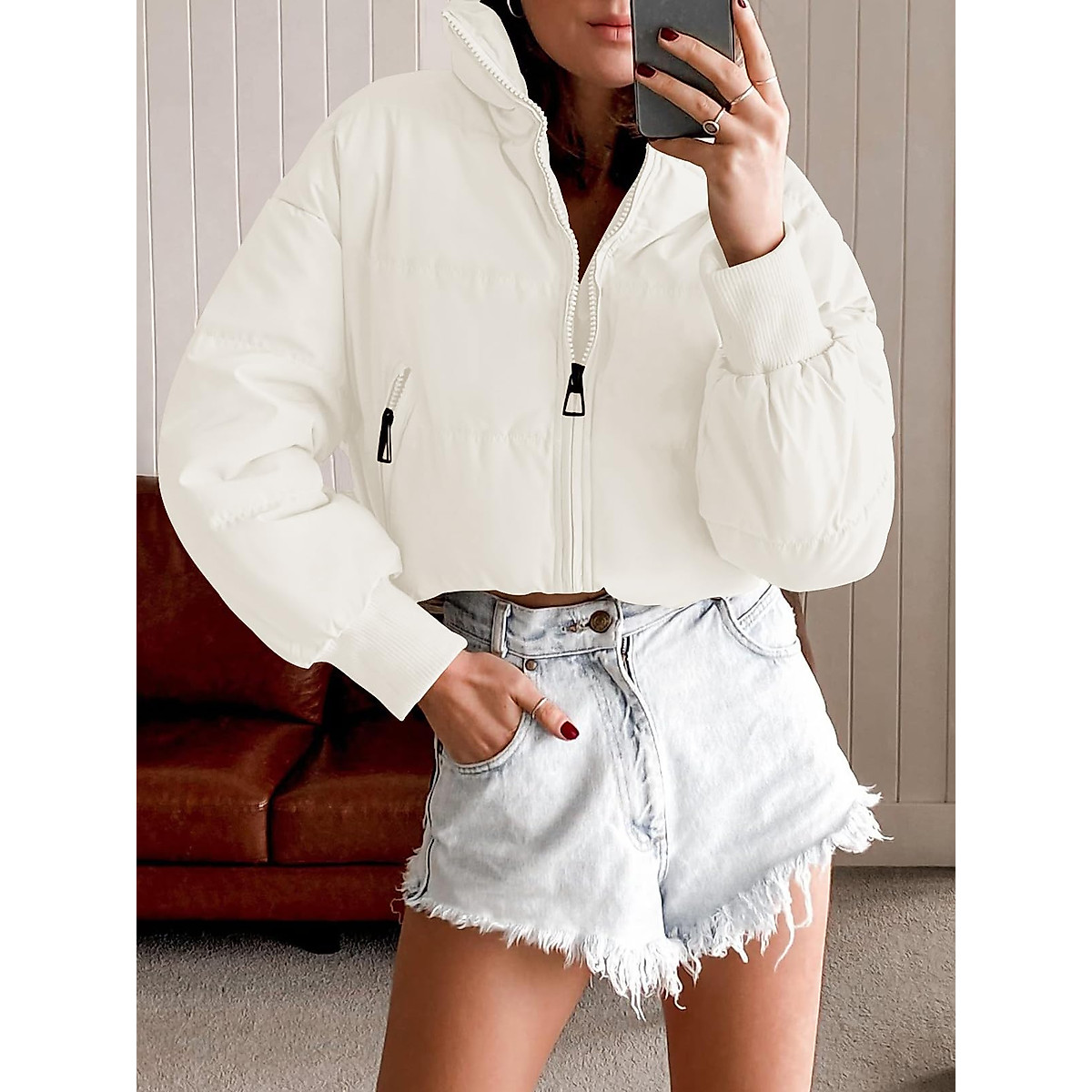 MEROKEETY Women's Winter Cropped Puffer Jacket Long Sleeve Oversized Stand Collar Zip-Up Short Coat