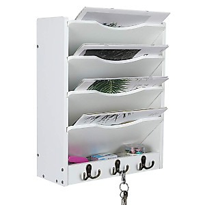 PAG 5-Tier Wall File Holder Hanging Mail Organizer Wood Magazine Literature Rack with 6 Hooks, White