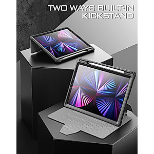 Poetic Explorer Case Designed for iPad Pro 11 Inch 4th Gen 2022/3rd Gen 2021/2nd Gen 2020/1st Gen 2018, Three Layers Tough Stand Cover Case with Built-in Screen Protector and Pencil Holder, Black