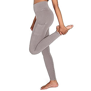 ODODOS Seamless Leggings for Women with Pockets High Waisted Acid Washed Ribbed Gym Workout Full Length Yoga Pants, Dusty Orchid, Medium