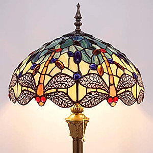 WERFACTORY Tiffany Floor Lamp Blue Yellow Stained Glass Dragonfly Standing Reading Light 16X16X64 Inches Antique Pole Corner Lamp Decor Bedroom Living Room Home Office S128 Series