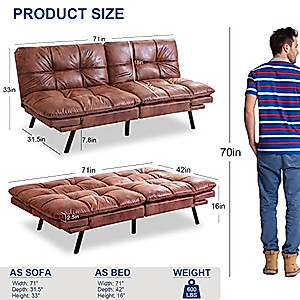 QAIIOO Futon Sofa Brown with Compact Living Space, Memory Foam Modern Convertible Sleeper Bed, Folding Recliner Adjustable Backrest Armrests, Apartment, Dorm, Bonus Room, 71" D x 33" W x 31.5" H