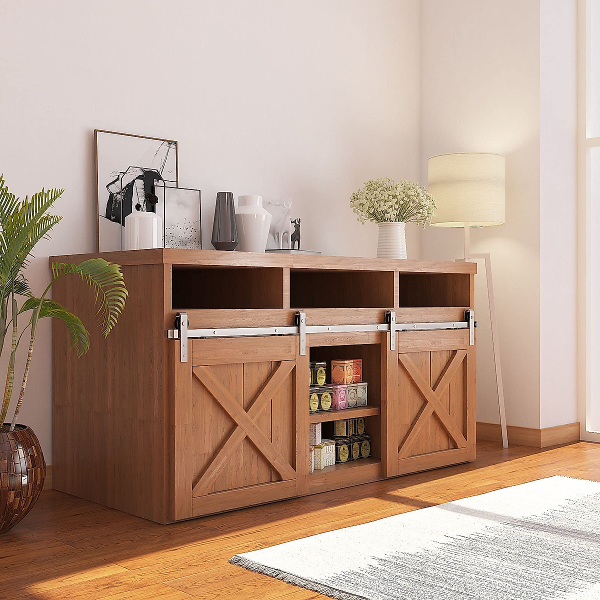 Homacer Mini Brushed Nickel Non-Bypass Sliding Barn Door Hardware Kit, for Two/Double Doors, 60-inch Long Flat Track, Classic Design Roller, Cabinet TV Stand Console Use…