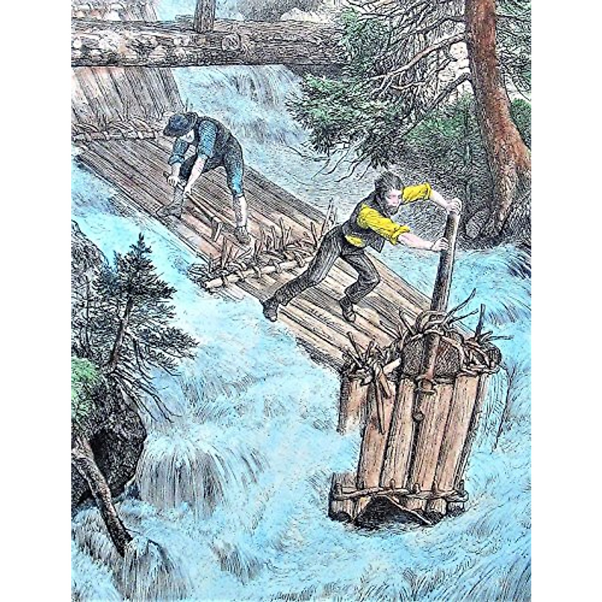 Antique Steel Engraving: Logs on River