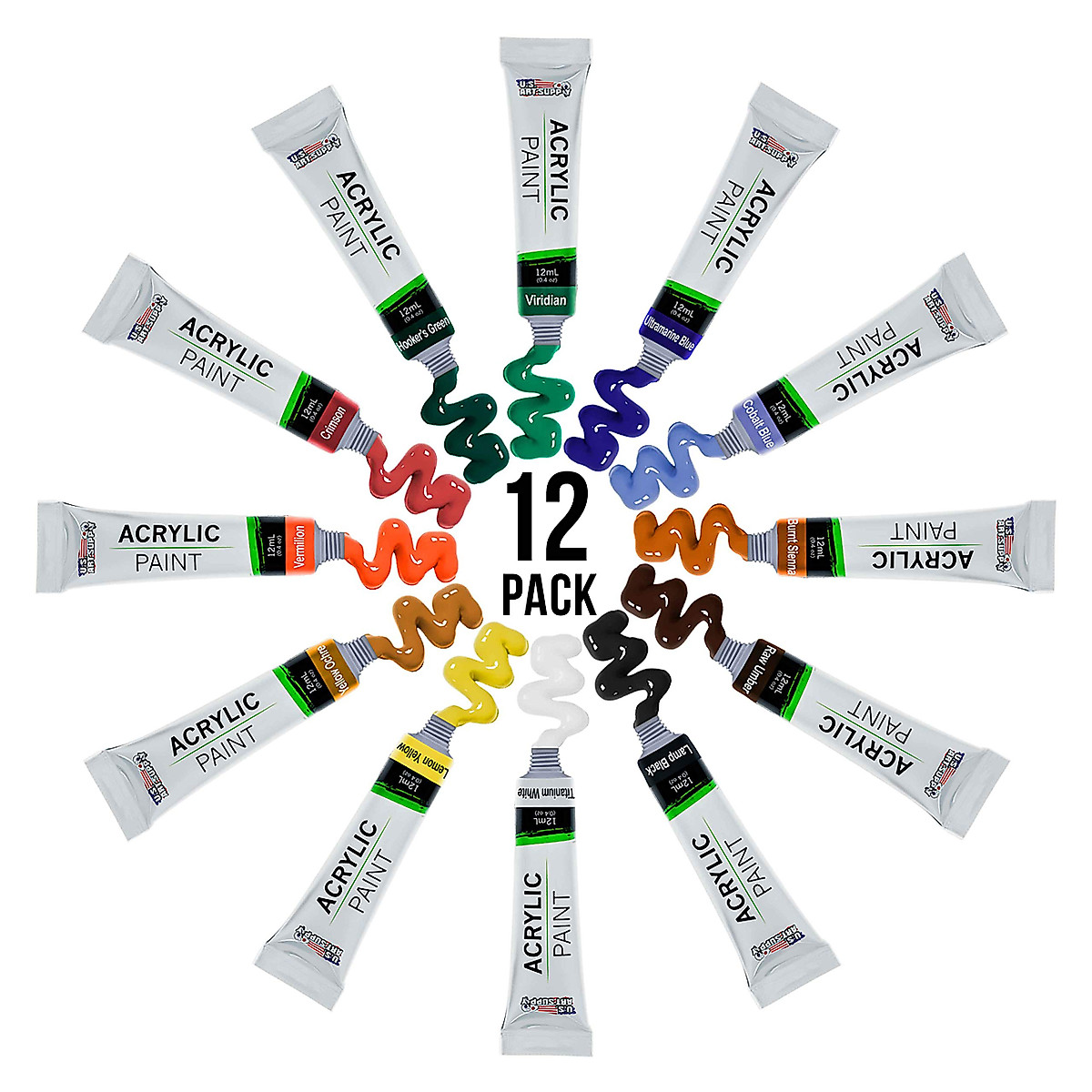U.S. Art Supply Professional 12 Color Set of Acrylic Paint in 12ml Tubes - Rich Pigment Vivid Colors for Artists, Students, Beginners, Kids, Adults - Canvas, Portrait Paintings, Wood, Craft, Hobby