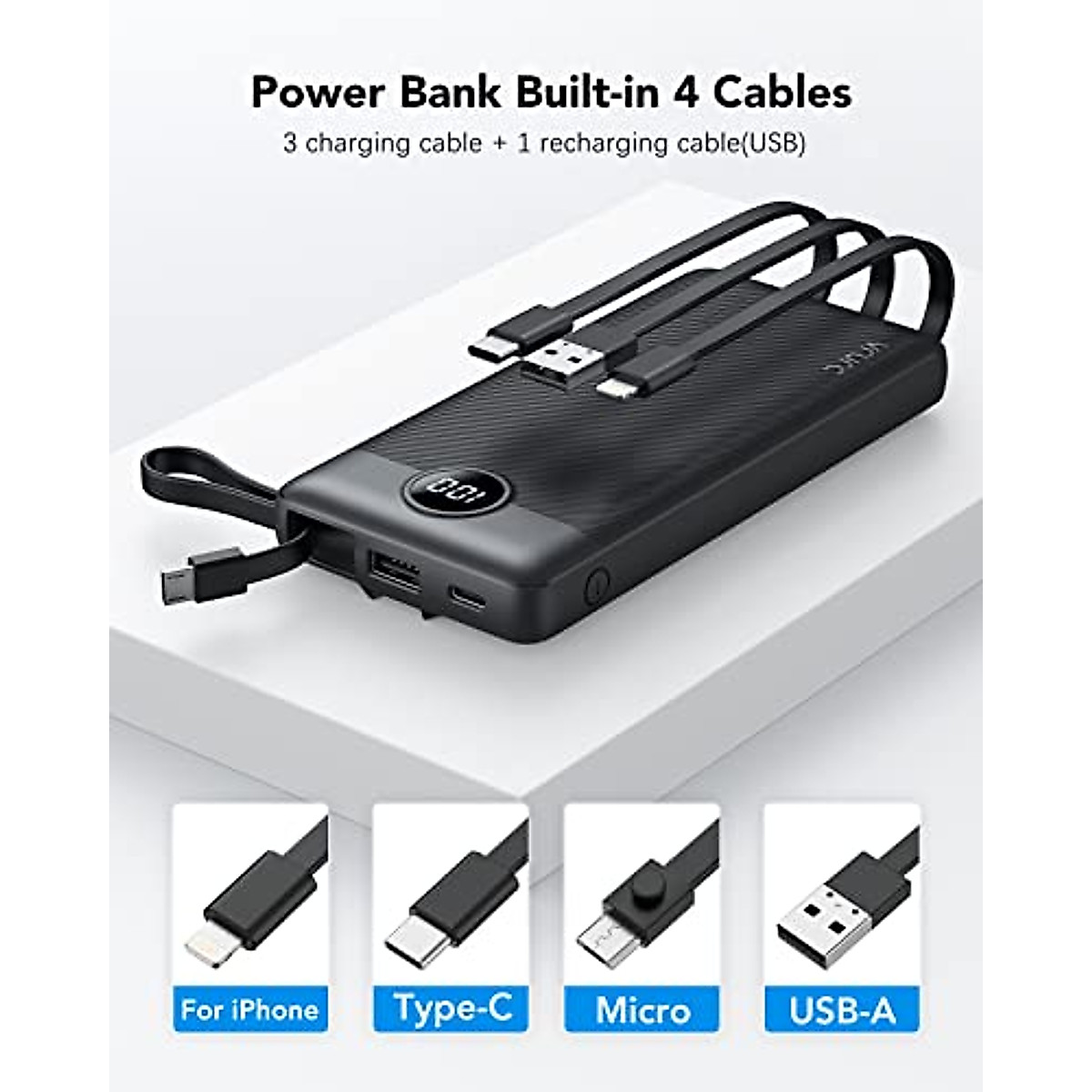 Portable Charger with Built in Cables,VRURC 10000mAh Ultra Slim USB C Power Bank,5 Output 2 Input LED Display External Battery Pack Phone Charger Compatible with Smart Devices and Cell Phones(1 Pack)