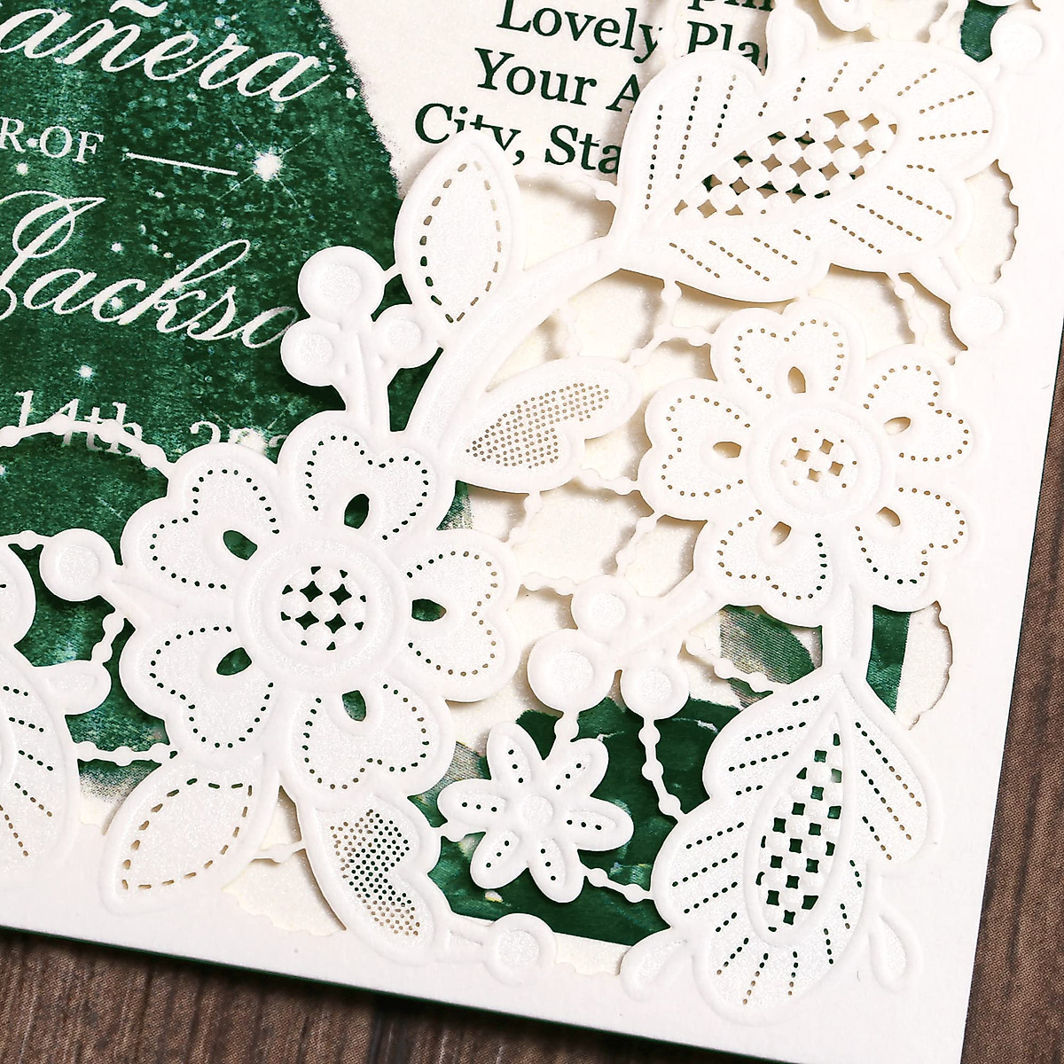 FANEYA 50Pcs Customized Quinceanera Invitation Emerald Green, Elegant 15 years Invitations Sweet 16, Miss XV, Birthday Laser Cut Quince Invitation Cards White Personalized