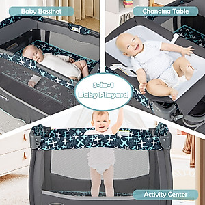 INFANS 4 in 1 Pack and Play, Portable Travel Baby Playard with Bassinet, Changing Table, Canopy, Mosquito Net, Hanging Toys, Music Box, Storage Bag, Large Playpen from Newborn to Toddlers (Pink)