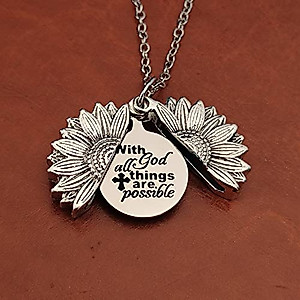 MXXGMYJ Christian Sunflower Necklace for Women Inspirational Sunflower Gifts for Girls Birthday Christmas Gifts With God All Things Are Possible Engraved Necklace