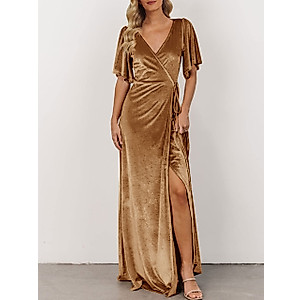 MEROKEETY Women's V Neck Wrap Velvet Maxi Dress Bell Sleeve Split Bridesmaid Cocktail Party Dresses, Golden, X-Large