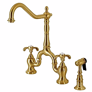 Kingston Brass KS7757TXBS French Country Bridge Kitchen Faucet, Brushed Brass