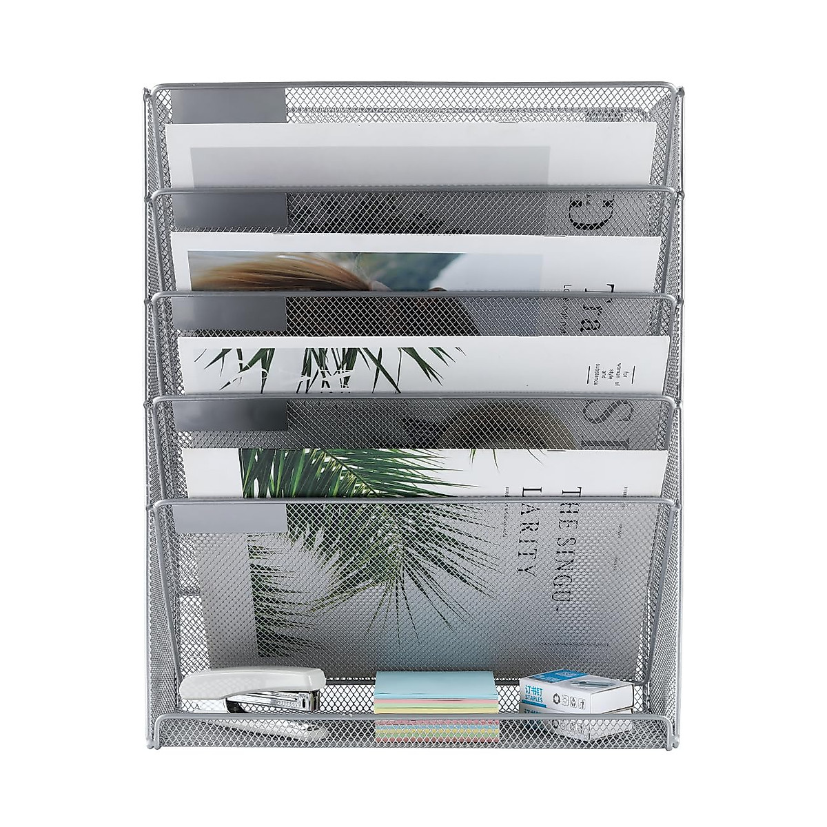 EasyPAG 5 Slot Wall Hanging File Organizer Vertical Office Desk /Wall Mounted File Holder Paper Organizer with Bottom Flat Tray,Black,Silver