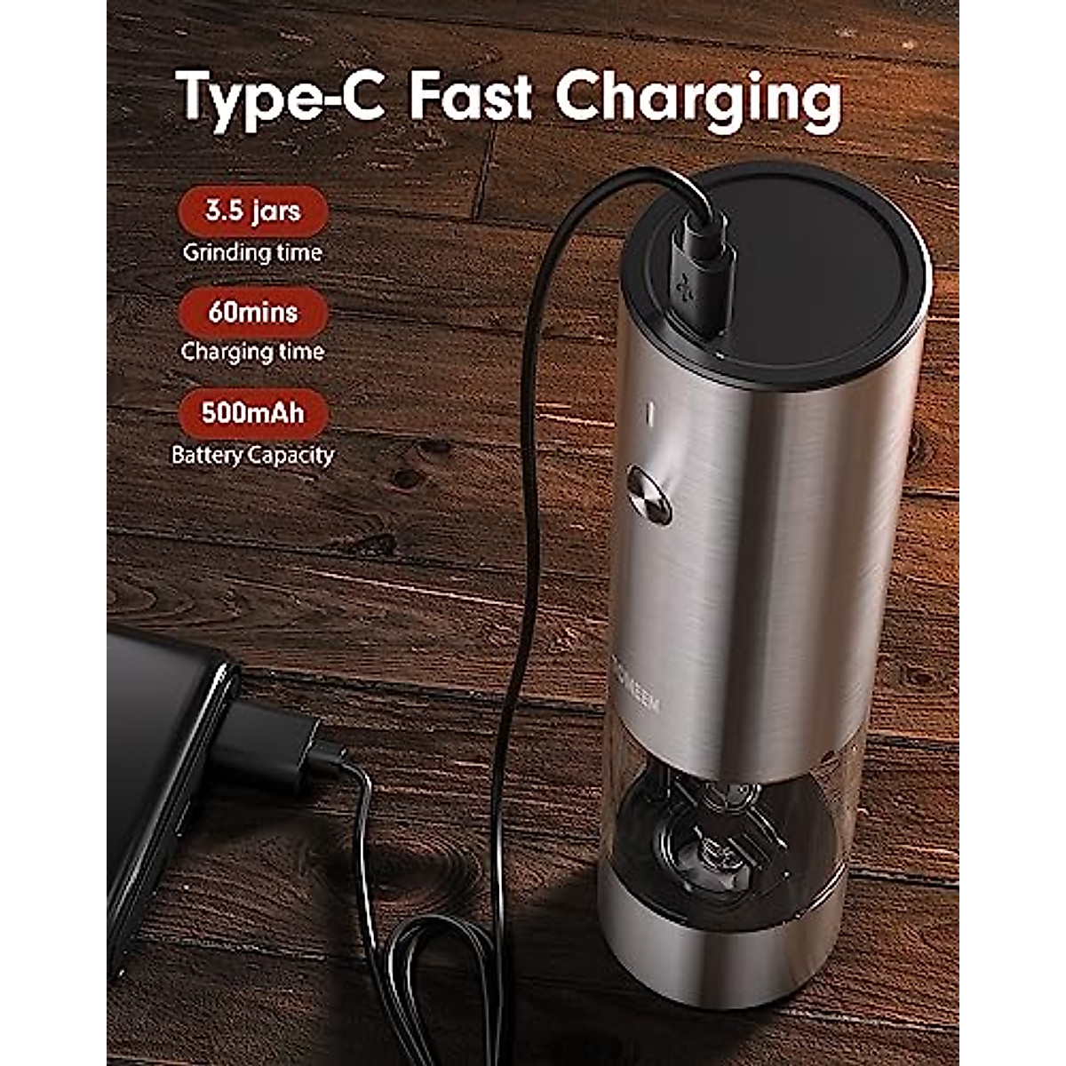 [Upgraded Larger Capacity] Electric Salt and Pepper Grinder Set Rechargeable with LED lights - Stainless Steel Automatic Pepper Grinder and Salt Grinder Refillable with 6 Adjustable Coarseness