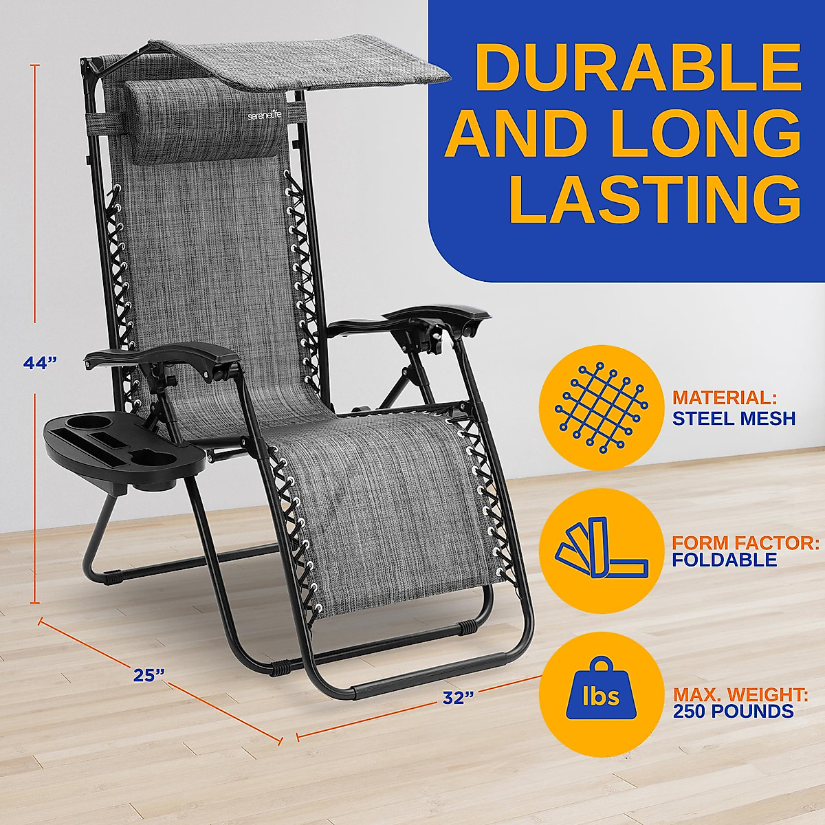 SereneLife SereneLifeHome Zero Gravity Lounge Chair, One Size, Grey