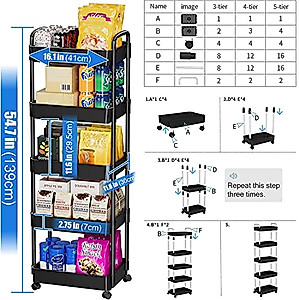 5-Tier Rolling Cart, Multipurpose Utility Cart, Rolling Carts with Lockable Wheels, Storage Cart Craft Cart Organizer for Bathroom Laundry Kitchen,Used as Book Art Snack lash Makeup Diaper cart,Black
