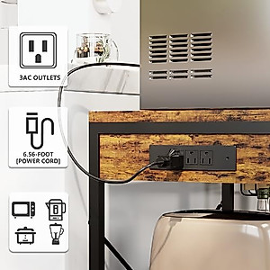 EasyCom Bakers Rack with Power Outlet, Microwave Stand, Kitchen Storage with Pull-Out Basket 6 S-Shaped Hooks, Microwave Cart for Kitchen, Coffee Bar, Office, Rustic Brown