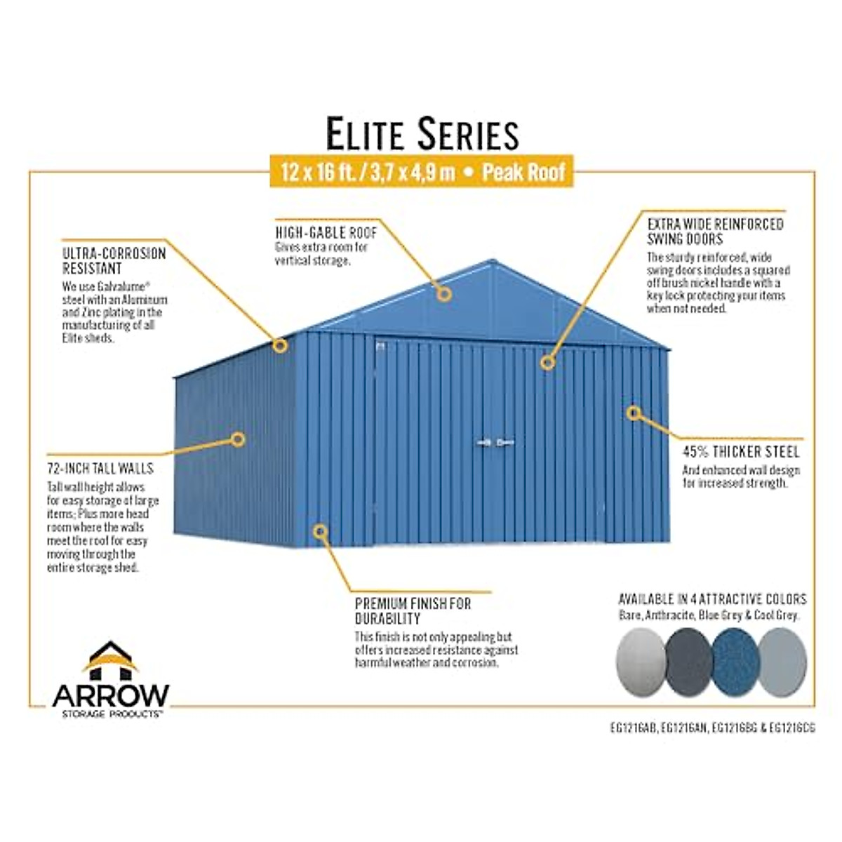 Arrow Shed Elite 12' x 16' Outdoor Lockable Gable Roof Steel Storage Shed Building, Anthracite