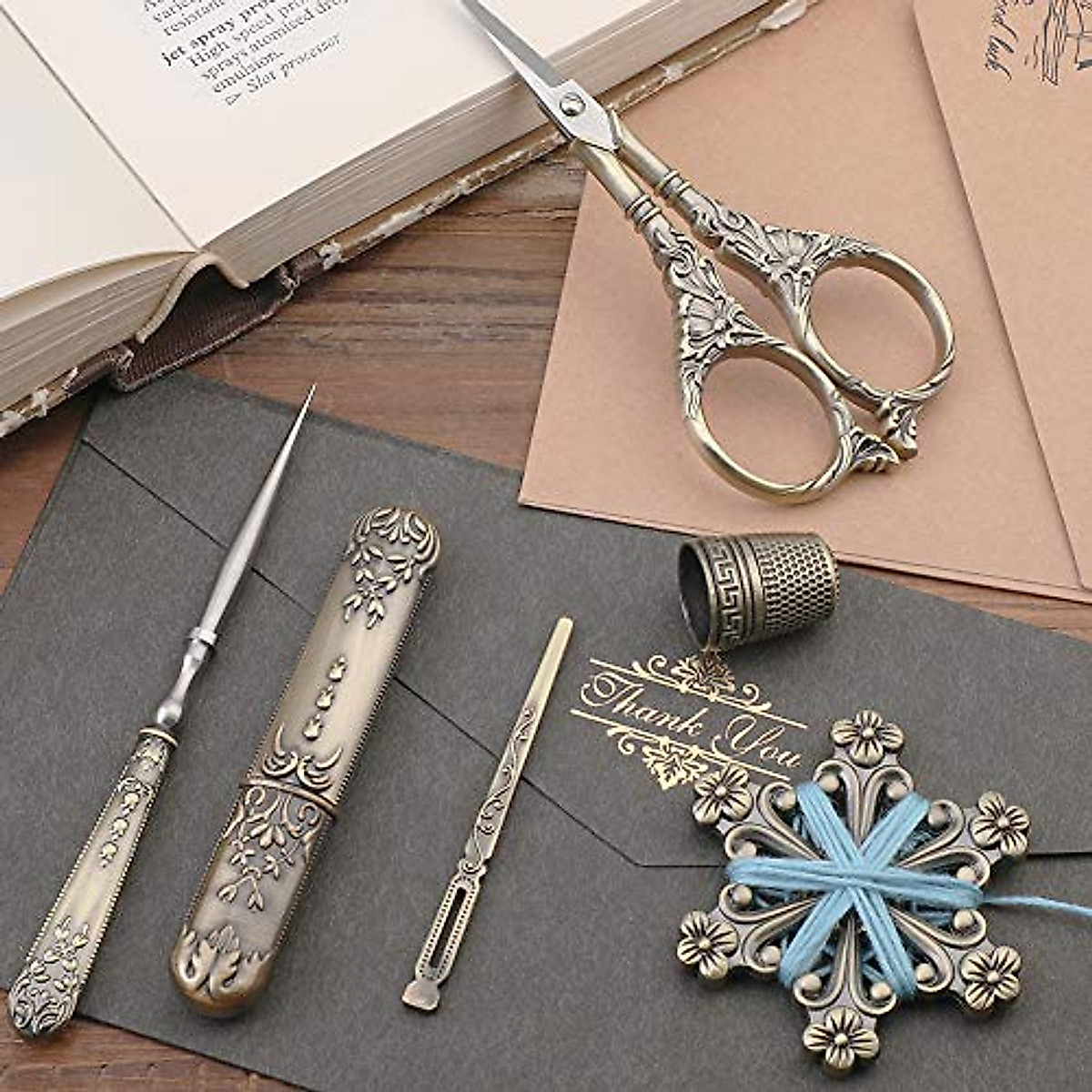 Embroidery Scissors Kits, Stainless Steel Safety Scissors, Threader with Needle Bottle, Metal Floss Bobbin, Awl, Thimble for Sewing,Cutting,Art Work,Embroidery,Needlework (Green patina)