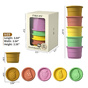TYRY.HU Soft Silicone Stacking Cups Toy, 5 PCS Montessori Toys for 10+ Months Toddlers, Building Toys Nesting Cups Toys for Educational Develop Learning, Bathing Toy with Fruit Pattern, Colorful