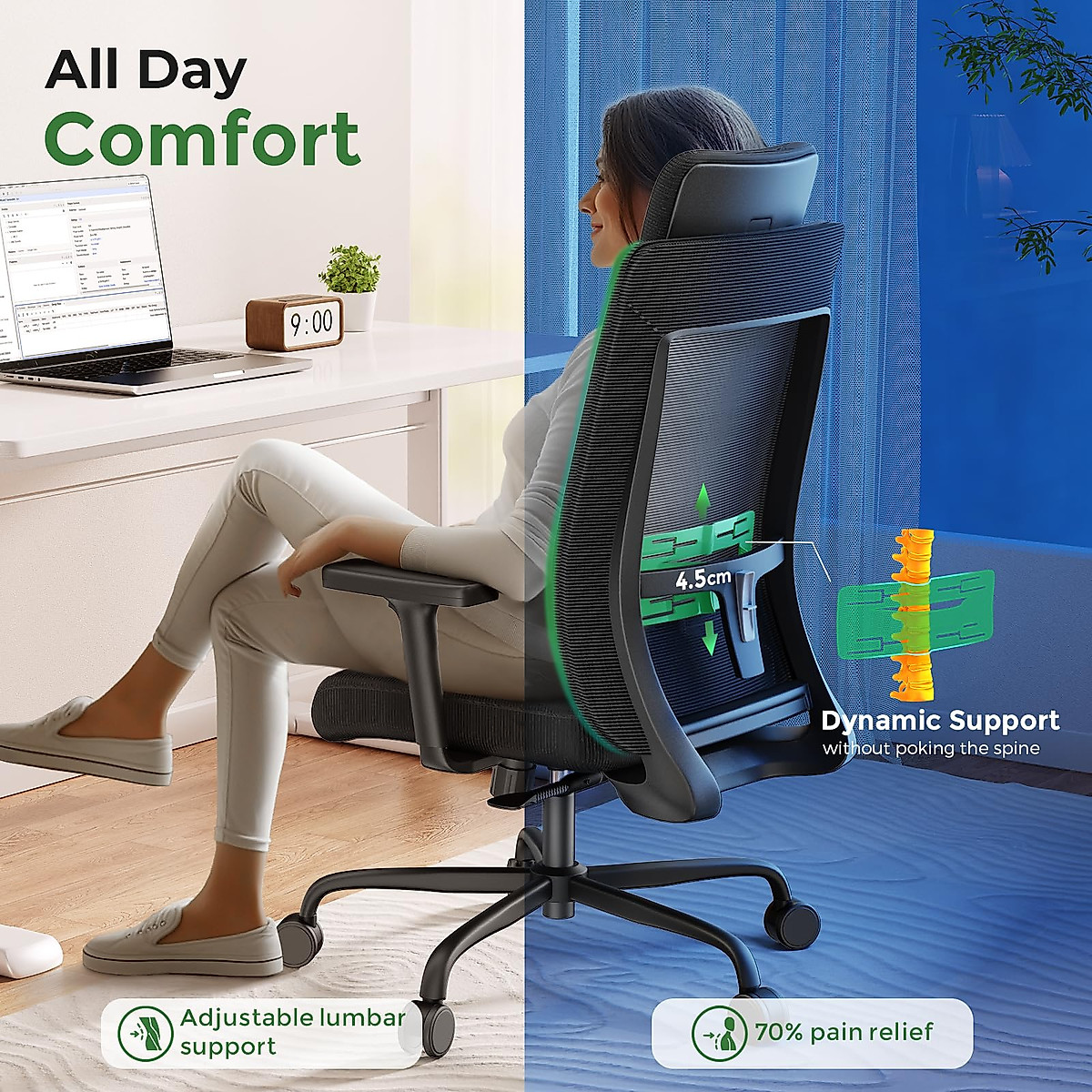 Ergonomic Office Chair 350LBS Capacity - 90-135° Any Angle Tilt Lock High Back Computer Desk Chairs, with Adjustable Lumbar Support, PU Armrests, Big Headrest for All Day Comfortable Sitting