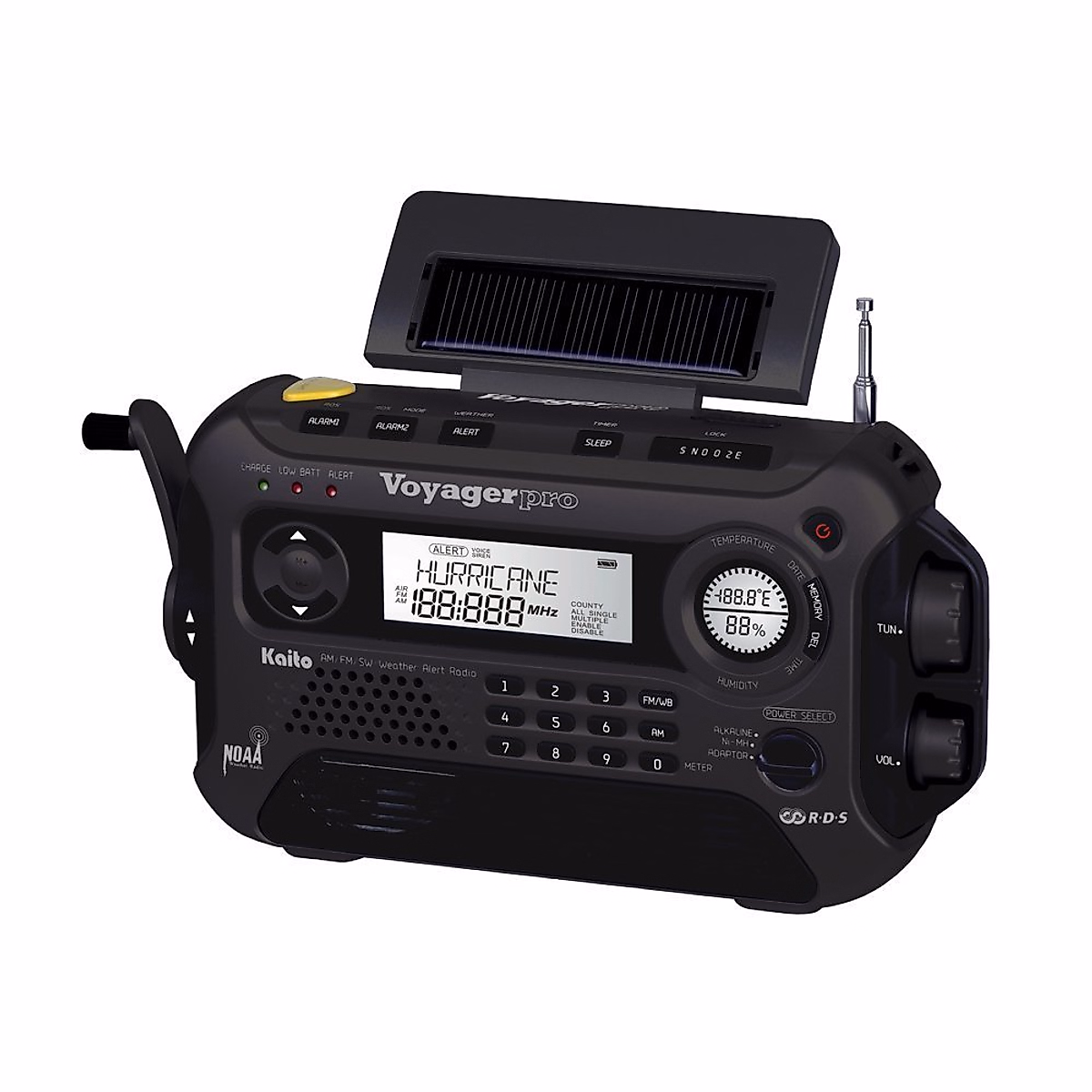 Kaito Voyager Pro KA600 Digital Solar Dynamo Crank Wind Up AM/FM/LW/SW & NOAA Weather Emergency Radio with Alert & RDS, Flashlight and Reading Lamp + Smart Phone Charger, Black
