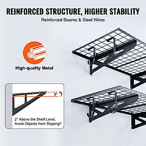 VEVOR Garage Shelving Wall Mounted, 2 x 4 ft Heavy Duty Garage Wall Shelves, 502 lbs Load Capacity Garage Storage Rack Floating Shelves, 2 Pack, Suitable for Shop, Shed, Garage Storage