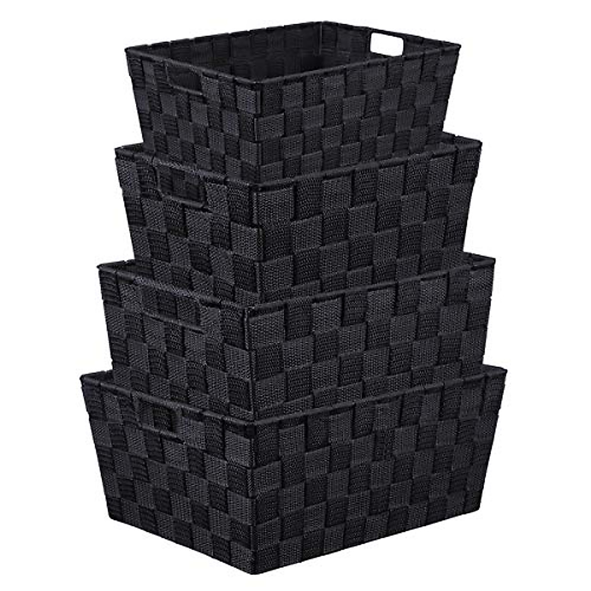 LEAVINSKY Woven Storage Box, Woven Strap Storage Basket Bin Container, Stackable Storage Basket, Woven Strap Shelf Organizer, Nylon Storage Basket for Closet, Office, 4 Pack, Black