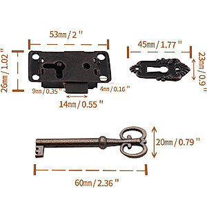 Kyuionty 2 Sets Skeleton Key Lock Decorative Antique Red Bronze Cabinet Lock with Key for Chest Cupboard Furniture