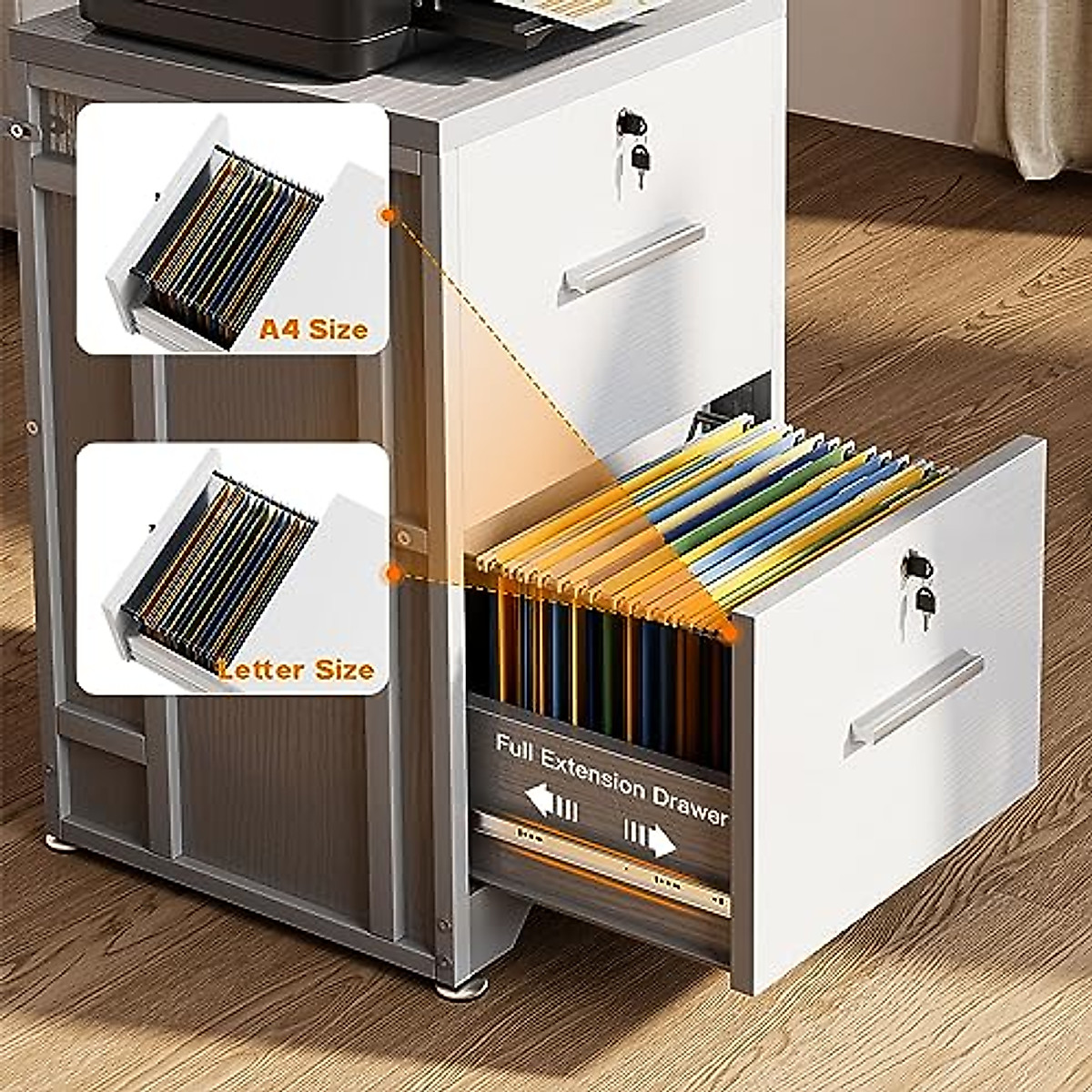 AODK File Cabinet Fully Assembled Filing Cabinet for Home Office, Small File Cabinets with Lock, Office Storage Cabinet 2 Drawer for Legal/Letter/A4 File, White