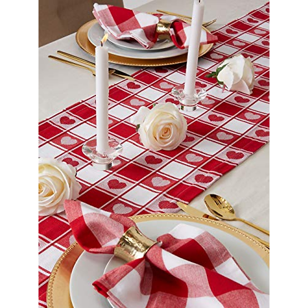 DII Valentine's Day Table Top Collection, Table Runner, 14x72, Checkered Heart